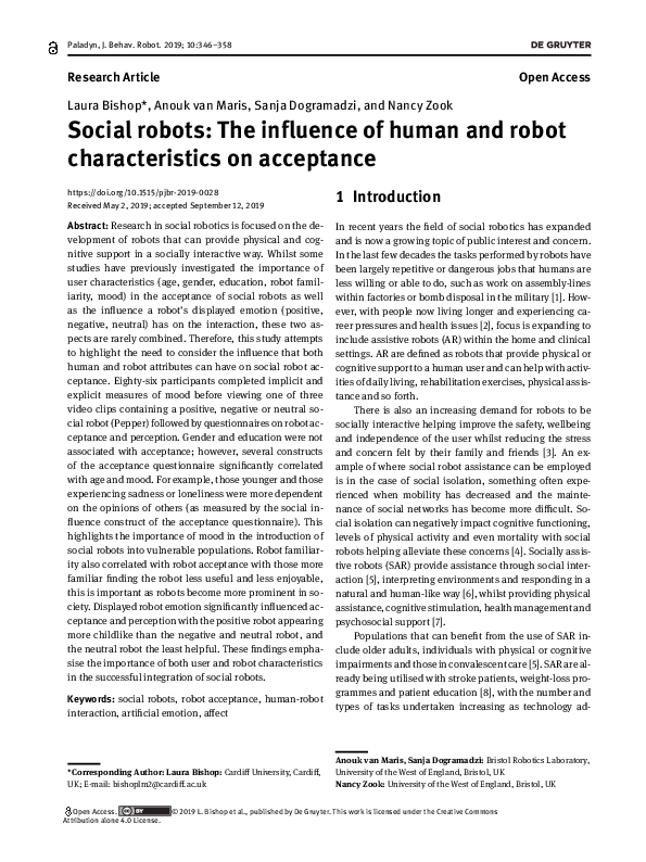 (PDF) Social robots: The influence of human and robot characteristics on acceptance