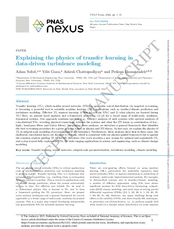 Pdf Explaining The Physics Of Transfer Learning In Data Driven Turbulence Modeling