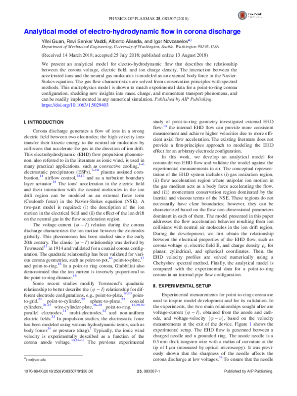 (PDF) Analytical model of electro-hydrodynamic flow in corona discharge