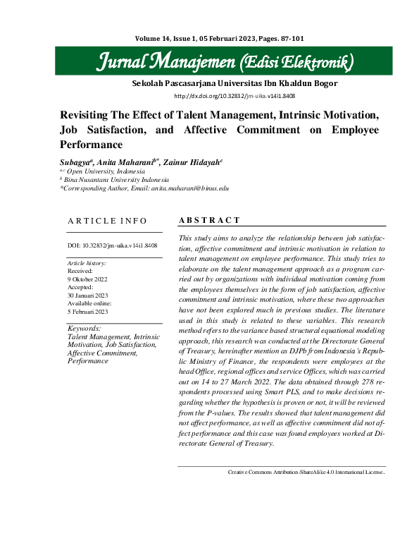 (PDF) Revisiting The Effect of Talent Management, Intrinsic Motivation, Job Satisfaction, and ...