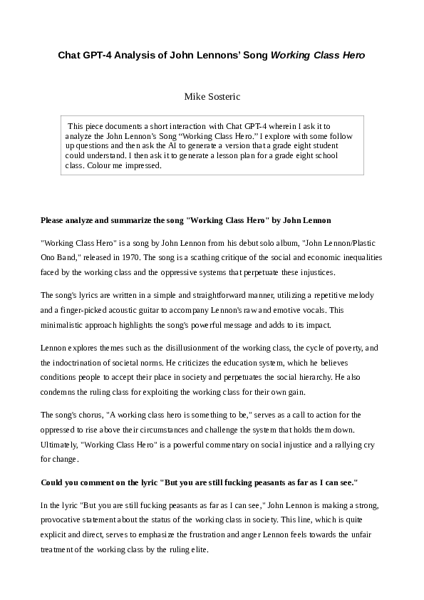 Chat GPT-4 Analysis of John Lennons' Song Working Class Hero, with ...