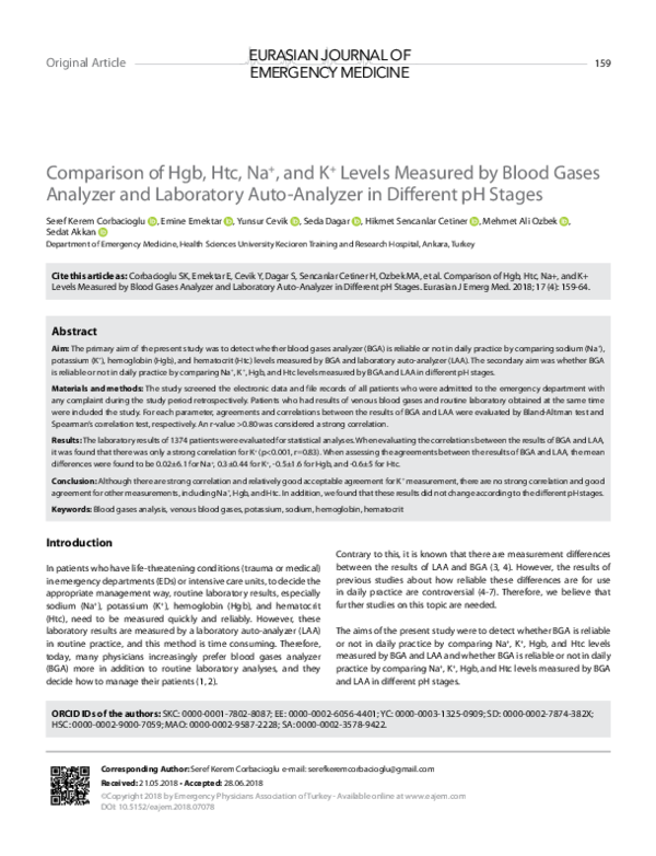 (PDF) Comparison of Hgb, Htc, Na+, and K+ Levels Measured by Blood ...