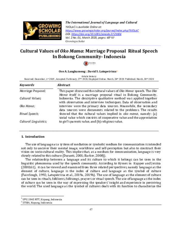 (PDF) Cultural Values of Oko Mama: Marriage Proposal Ritual Speech In ...