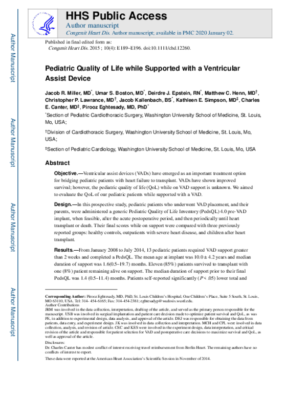 (PDF) Pediatric Quality of Life while Supported with a Ventricular ...