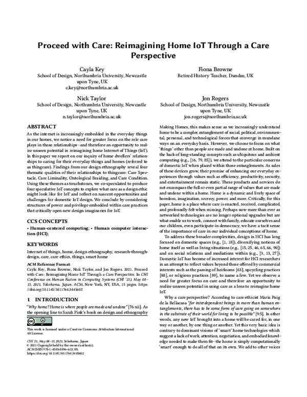 (PDF) Proceed with Care: Reimagining Home IoT Through a Care Perspective