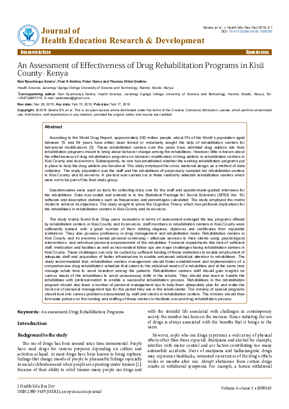 (PDF) An Assessment of Effectiveness of Drug Rehabilitation Programs in ...