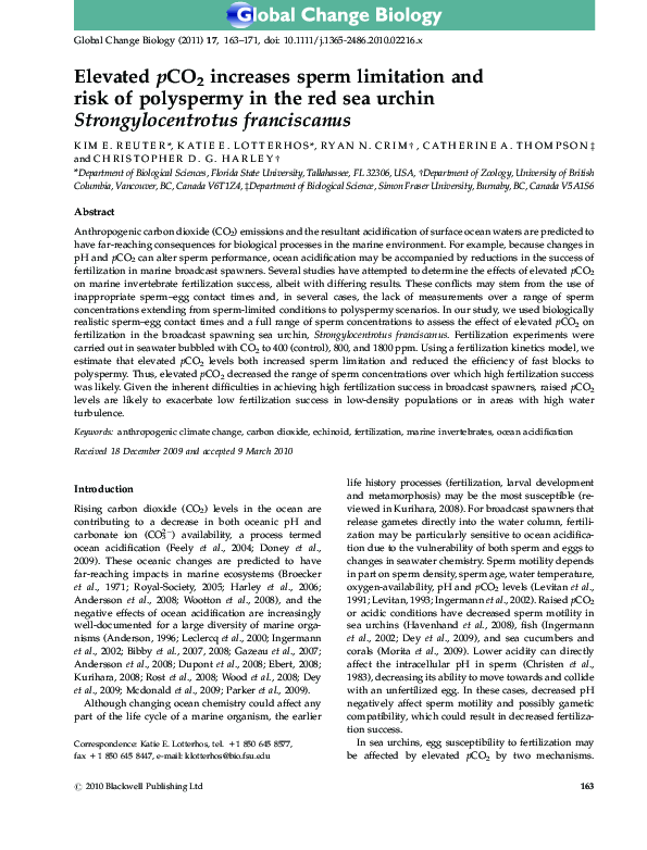 (PDF) Elevated pCO2 increases sperm limitation and risk of polyspermy ...