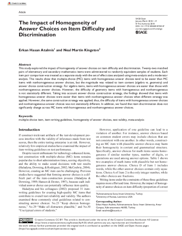 (PDF) The Impact of Homogeneity of Answer Choices on Item Difficulty ...