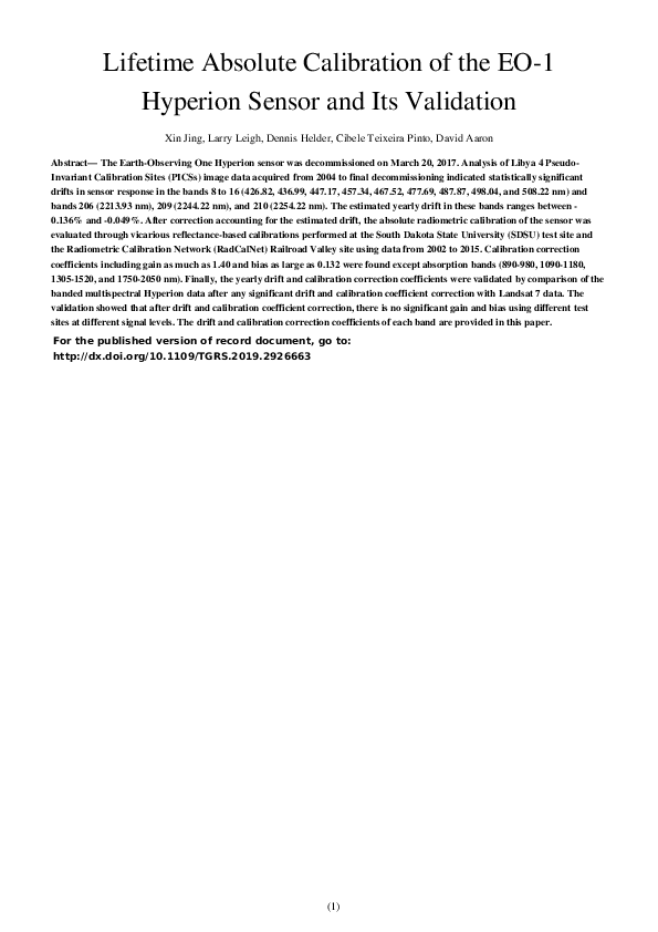 Pdf Lifetime Absolute Calibration Of The Eo 1 Hyperion Sensor And Its Validation