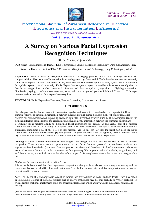 Pdf A Survey On Various Facial Expressionrecognition Techniques