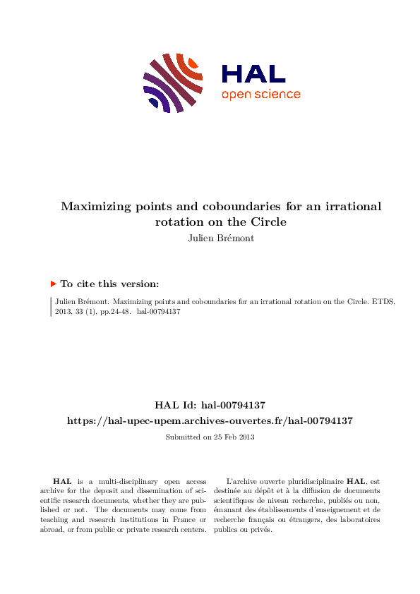 (PDF) Maximizing points and coboundaries for an irrational rotation on ...