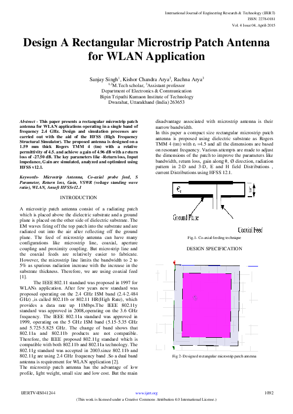 (PDF) Design A Rectangular Microstrip Patch Antenna for WLAN Application (PDF) Design A Rectangular Microstrip Patch Antenna for WLAN Application