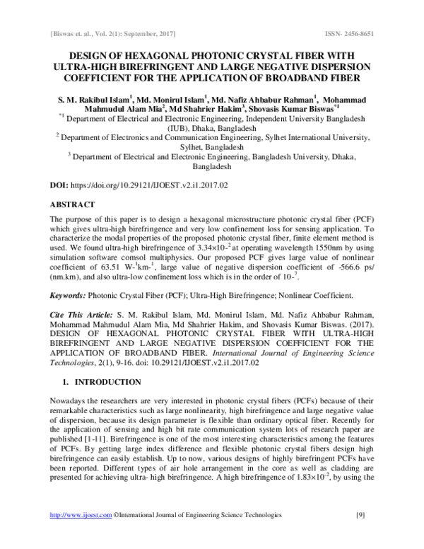 (PDF) Design of Hexagonal Photonic Crystal Fiber with Ultra-High Birefringent and Large Negative ...