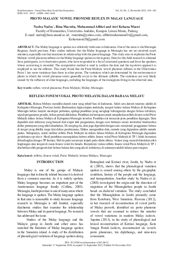 (PDF) Proto Malayic Vowel Phoneme Reflex in Malay Language | Nadra ...