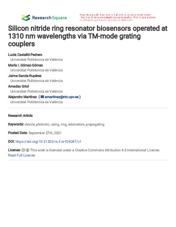 (PDF) Silicon nitride ring resonator biosensors operated at 1310 nm ...