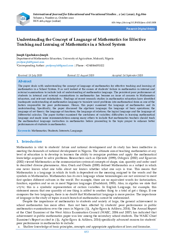 (PDF) Understanding the Concept of Language of Mathematics for Effective Teaching and Learning ...