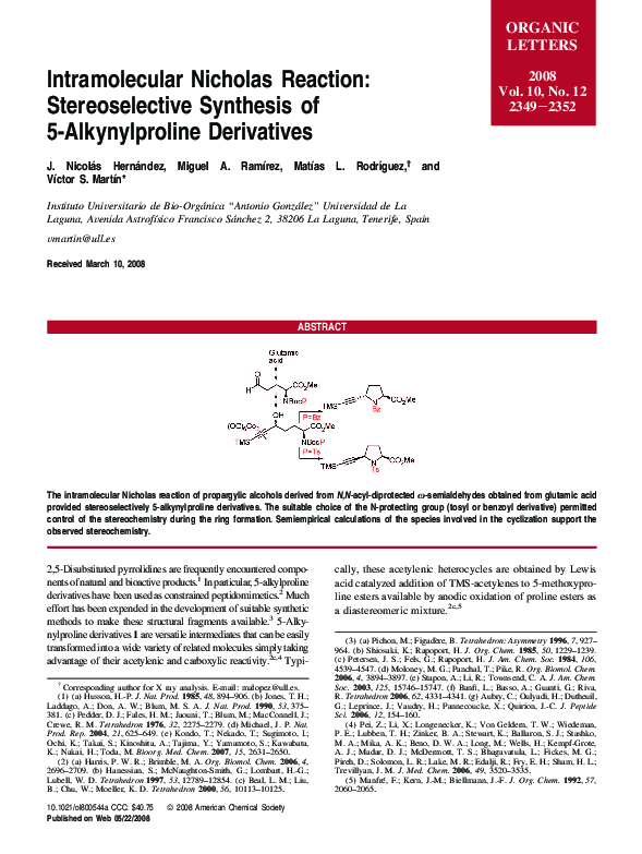 (PDF) Intramolecular Nicholas Reaction: Stereoselective Synthesis of 5 ...