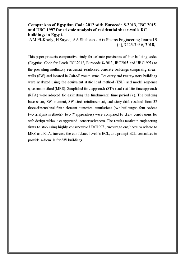 (PDF) Comparison of Egyptian Code 2012 with Eurocode 8-2013, IBC 2015 ...