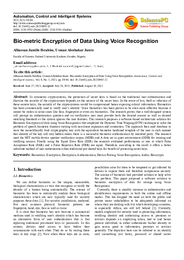 (PDF) Bio-metric Encryption of Data Using Voice Recognition