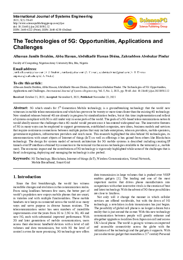 (PDF) The Technologies of 5G: Opportunities, Applications and Challenges