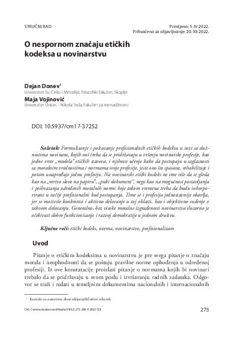 (PDF) On the indisputable importance of codes of ethics in journalism