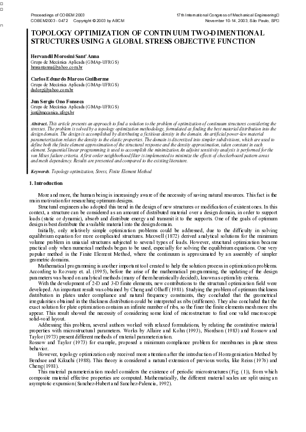 Pdf Topology Optimization Of Continuum Two Dimentional Structures