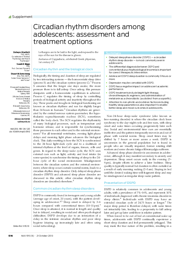 (PDF) Circadian rhythm disorders among adolescents: assessment and ...