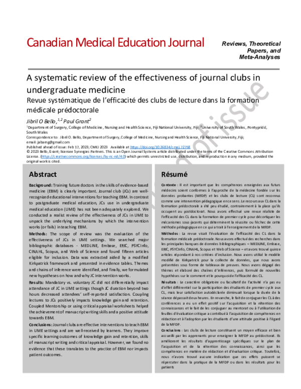 (PDF) A systematic review of the effectiveness of journal clubs in ...