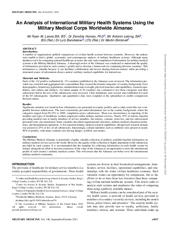 (PDF) An Analysis of International Military Health Systems Using the ...