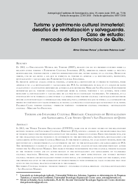 (PDF) Turismo y patrimonio cultural inmaterial: desafíos de revitalización y salvaguarda