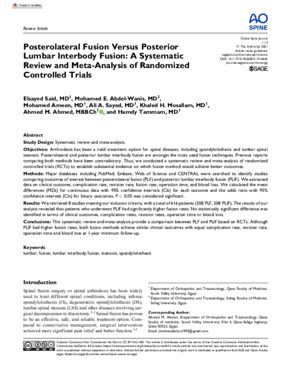 (PDF) Posterolateral Fusion Versus Posterior Lumbar Interbody Fusion: A ...