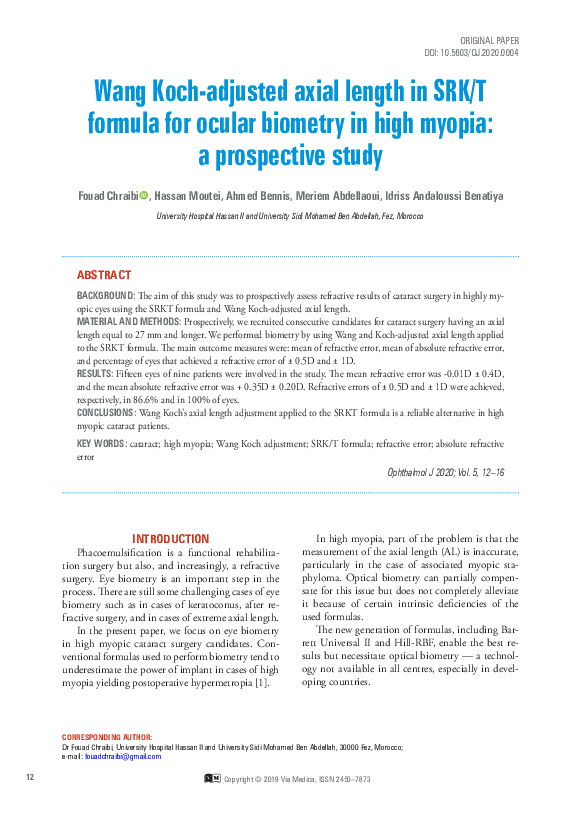 (PDF) Wang Koch-adjusted axial length in SRK/T formula for ocular biometry in high myopia: a ...