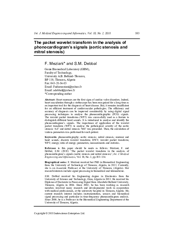 Pdf The Packet Wavelet Transform In The Analysis Of Phonocardiograms Signals Aortic Stenosis
