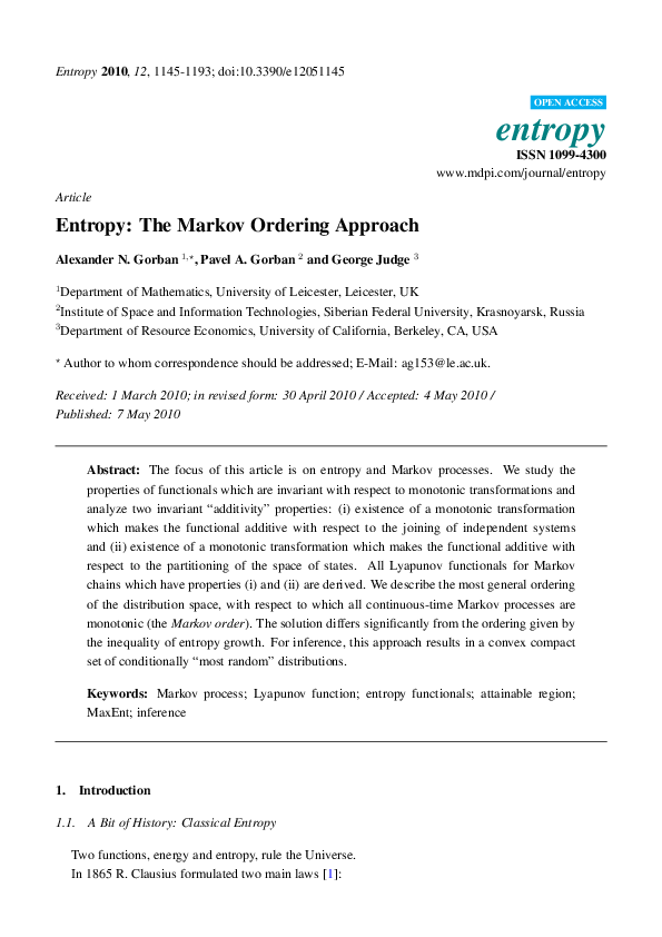 (PDF) Entropy: The Markov Ordering Approach