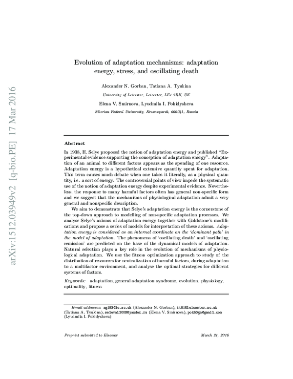 (PDF) Evolution of adaptation mechanisms: Adaptation energy, stress ...