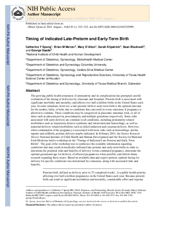 (PDF) Timing of Indicated Late-Preterm and Early-Term Birth