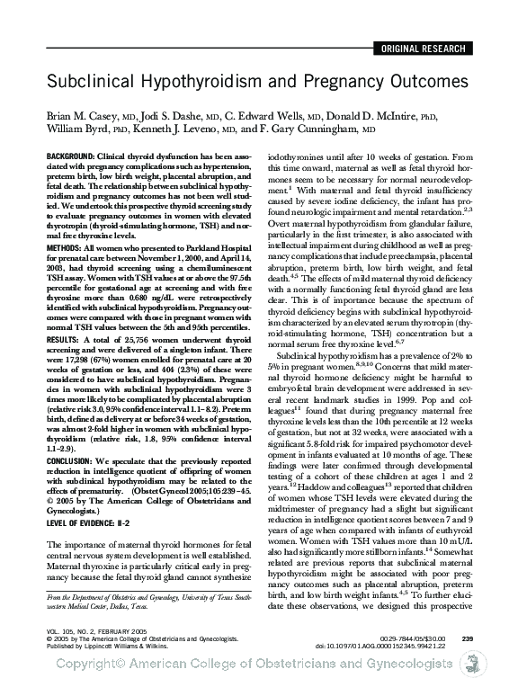 (PDF) Subclinical hypothyroidism and pregnancy outcomes