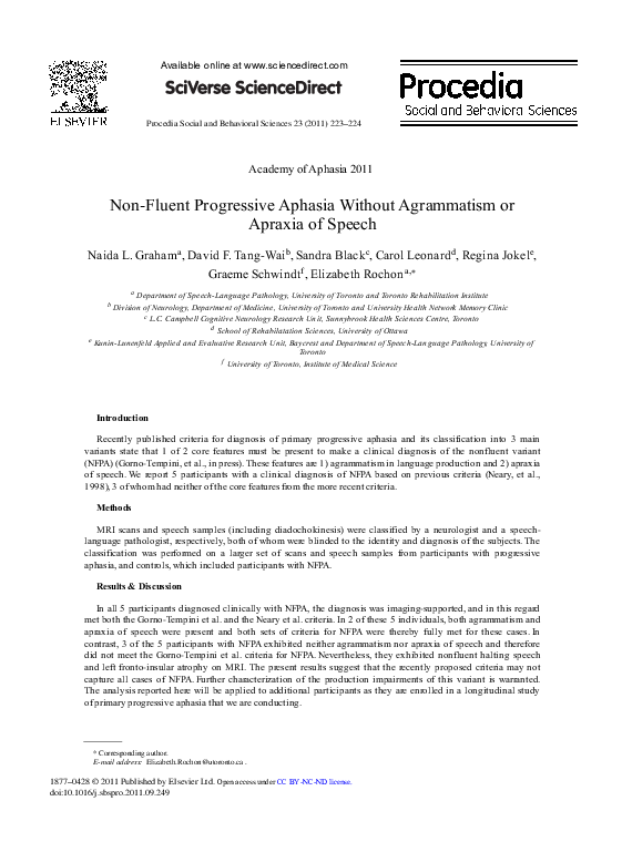 (PDF) Non-fluent progressive aphasia without agrammatism or apraxia of ...