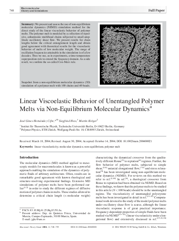 (PDF) Linear Viscoelastic Behavior of Unentangled Polymer Melts via Non-Equilibrium Molecular ...