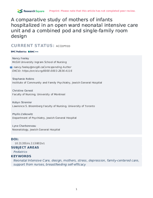 (PDF) A comparative study of mothers of infants hospitalized in an open ...