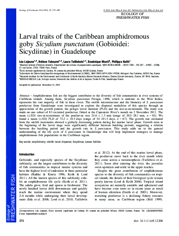 (PDF) Larval traits of the Caribbean amphidromous goby Sicydium ...