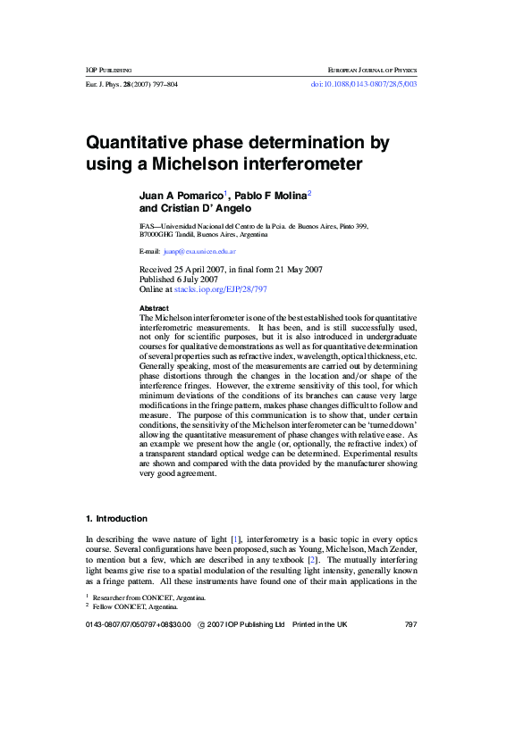 (PDF) Quantitative phase determination by using a Michelson interferometer