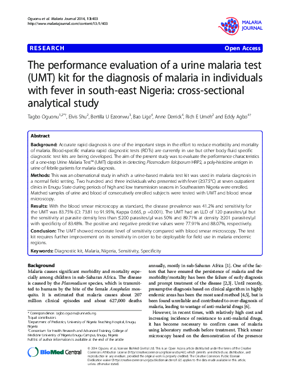 (PDF) The performance evaluation of a urine malaria test (UMT) kit for ...