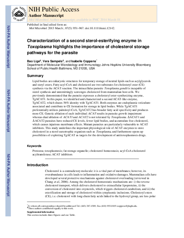 (PDF) Characterization of a second sterol-esterifying enzyme inToxoplasmahighlights the ...