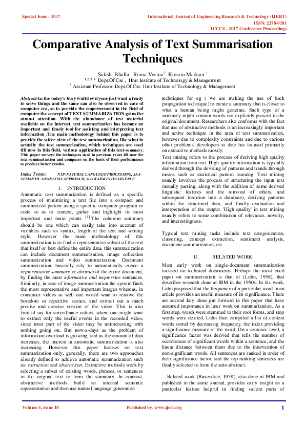 Pdf Comparative Analysis Of Text Summarisation Techniques