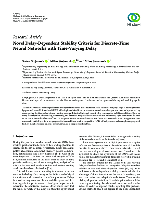 (PDF) Novel Delay-Dependent Stability Criteria for Discrete-Time Neural Networks with Time ...