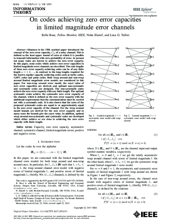 (PDF) On Codes Achieving Zero Error Capacities in Limited Magnitude ...