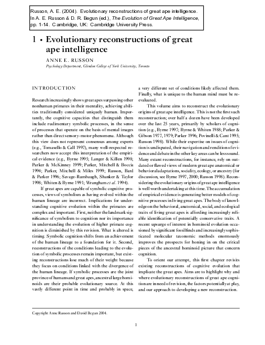 (PDF) Evolutionary reconstructions of great ape intelligence | Anne Russon - Academia.edu