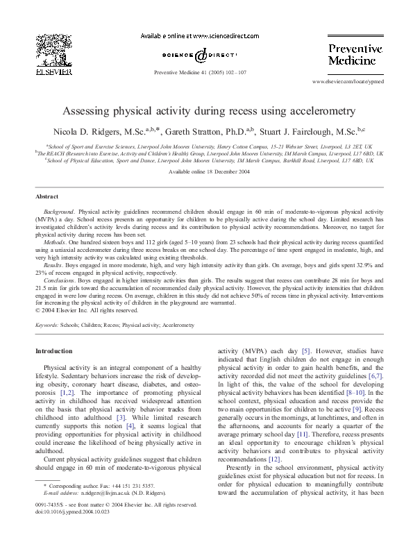 (PDF) Assessing physical activity during recess using accelerometry