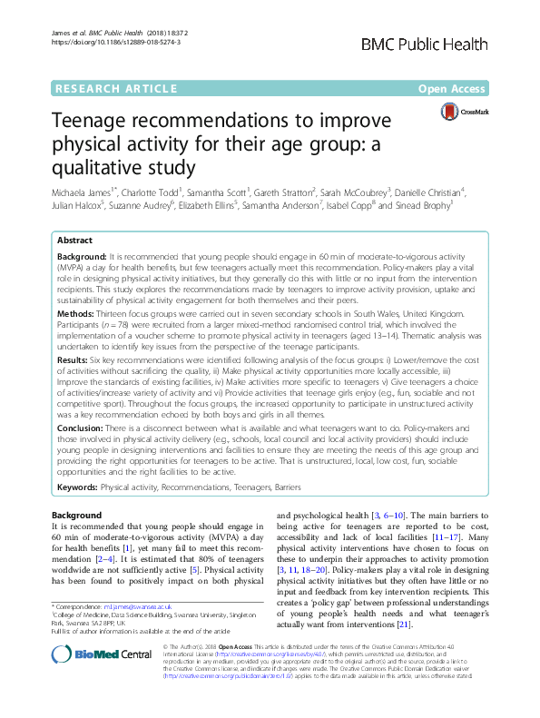 (PDF) Teenage recommendations to improve physical activity for their ...